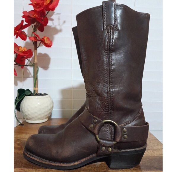Frye | Shoes | Frye Brown Leather Square Toe Harness Biker Boots Size ...